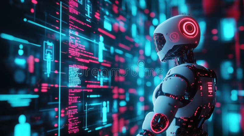 Futuristic Humanoid Robot Interacting with Digital Data Visuals Stock ... Futuristic Humanoid Robot Interacting with Digital Data Visuals Stock ...