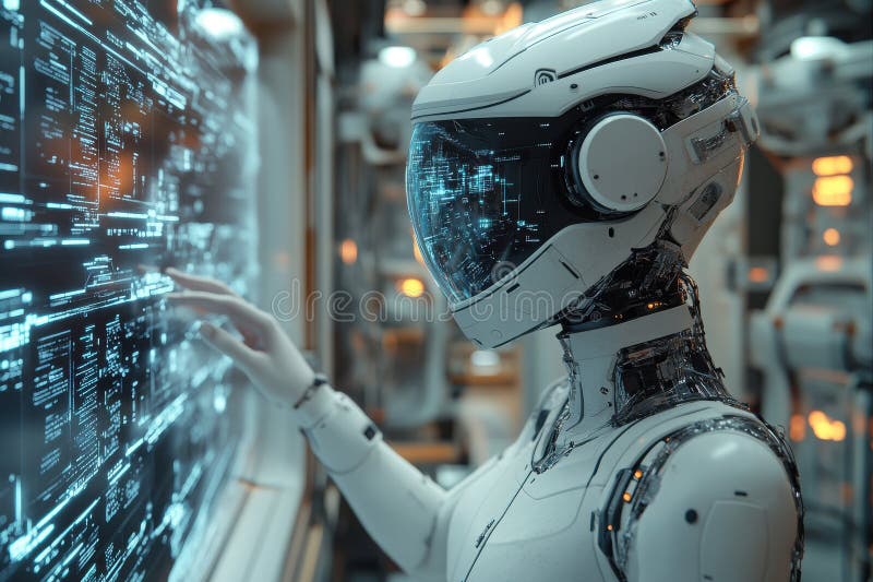 Futuristic Humanoid Robot Interacting with Digital Interface in High-tech Environment Stock ...