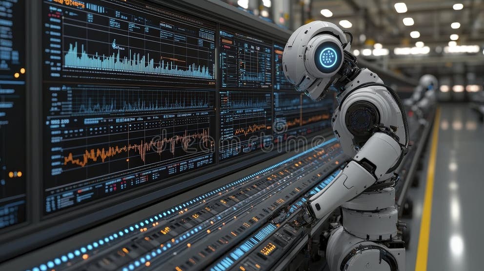 Futuristic Humanoid Robot Interacting with Displays Stock Illustration ...