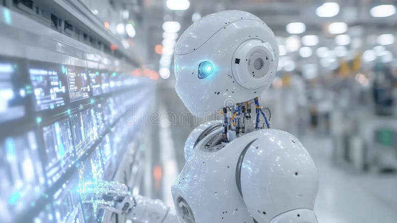 Futuristic Humanoid Robot Interacting with Technology Stock ...