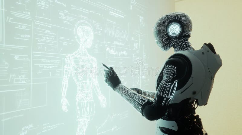 Futuristic Humanoid Robot Interacting with Virtual 3D Interface Stock ...