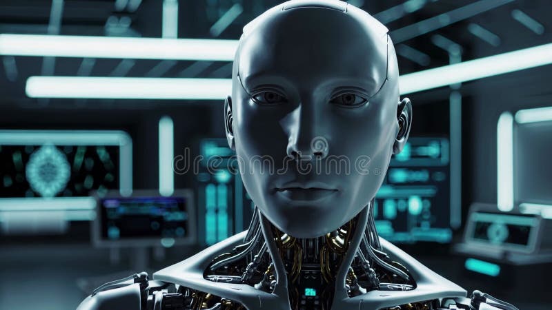 Futuristic Humanoid Robot Looking at Camera in Laboratory Stock Video ...