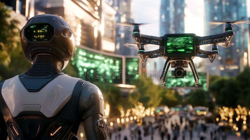Futuristic Humanoid Robot Looking at Drone Equipped with Camera in ...