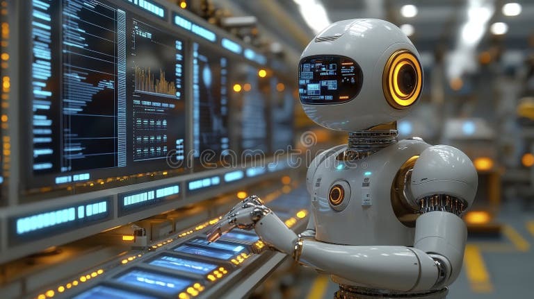 Futuristic Humanoid Robot Managing Digital Interface Stock Illustration - Illustration of ...