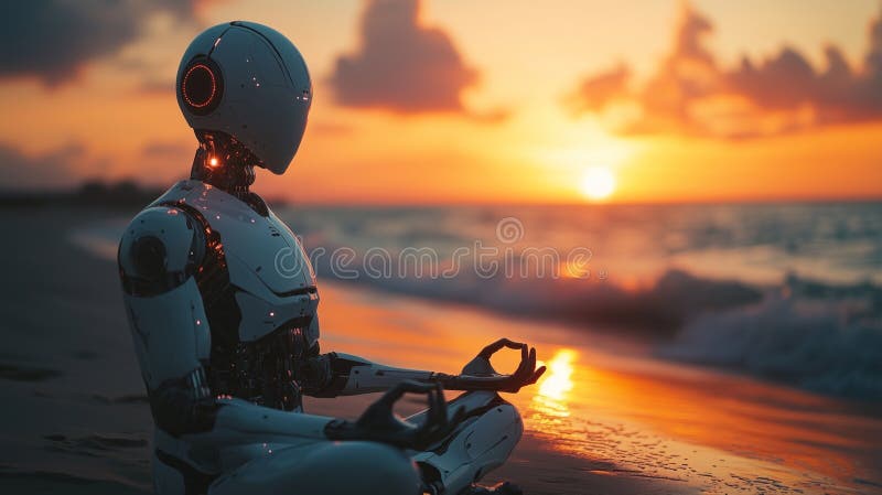 Futuristic Humanoid Robot Meditating on a Beach at Sunset, Symbolizing ...