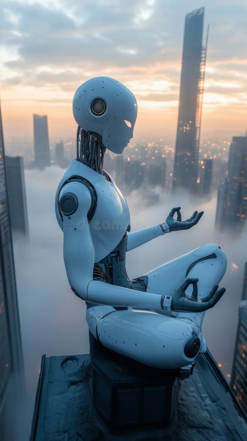 Futuristic Humanoid Robot Meditating on a Rooftop Above a Foggy ...