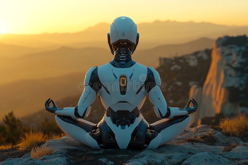 Futuristic Humanoid Robot Meditating on a Mountain at Sunset. Concept ...