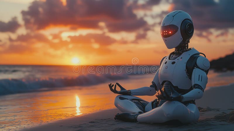 Futuristic Humanoid Robot Meditating on a Sandy Beach at Sunset ...