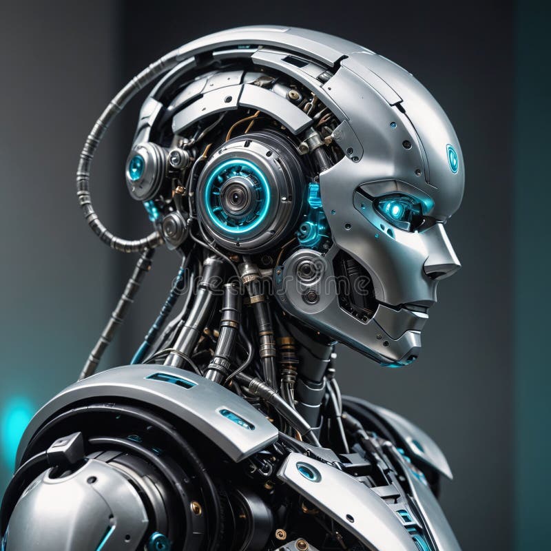 Futuristic Humanoid Robot with Metallic Blue Helmet in Profile View ...