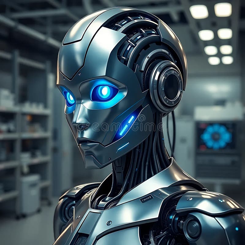 Futuristic Humanoid Robot with Metallic Design and Glowing Blue Eyes in ...