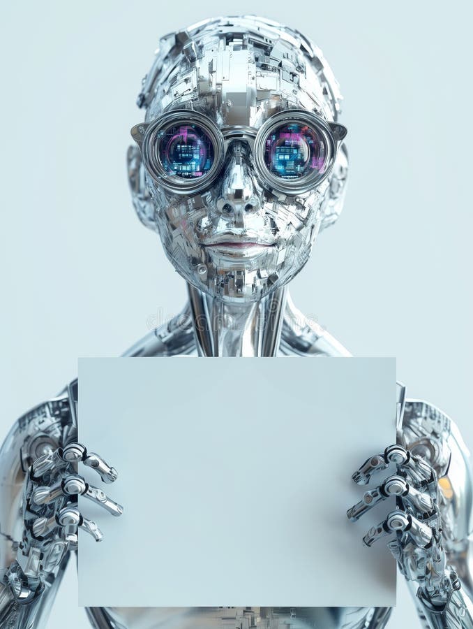 Futuristic Humanoid Robot with Metallic Features Holding a Blank Sign ...