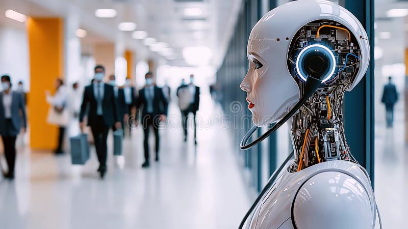 Futuristic Humanoid Robot in Modern Busy Office Hallway Stock Video ...