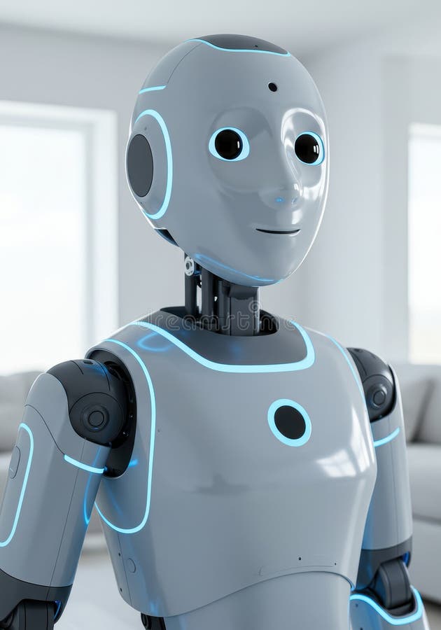 Futuristic Humanoid Robot in Modern Interior Setting with Glowing Blue ...
