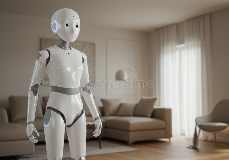 Futuristic Humanoid Robot in Modern Living Room Interior Setting Stock ...