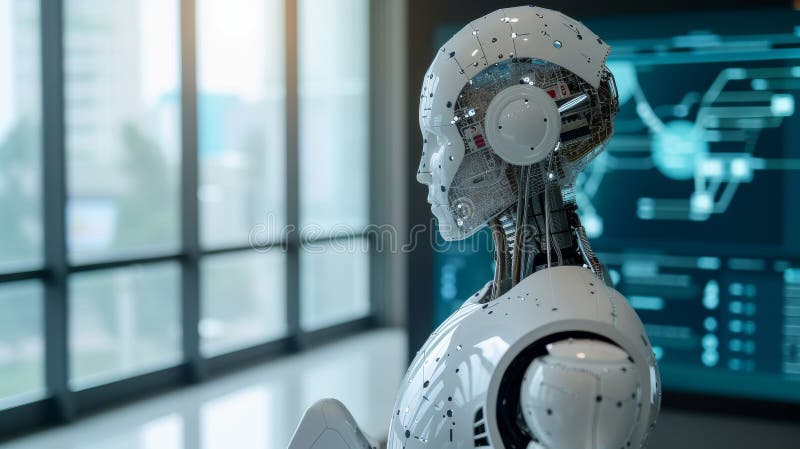 Futuristic Humanoid Robot in a Modern Office Environment Stock Image ...