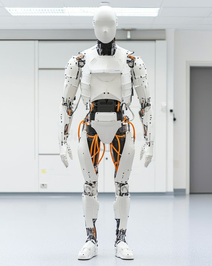 Futuristic Humanoid Robot in Modern Workspace Stock Illustration ...