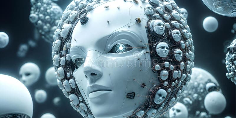 Futuristic Humanoid Robot with Multiple Faces and Circuitry. Stock ...