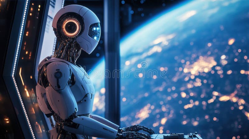 Futuristic Humanoid Robot Operates Space Station Console Overlooking ...