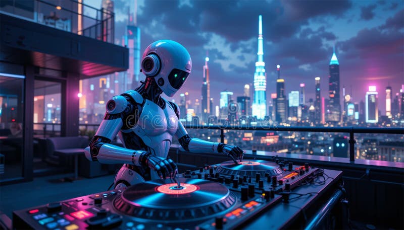 A Humanoid Robot DJ is at Turntables on a Rooftop, Operating Vinyl ...