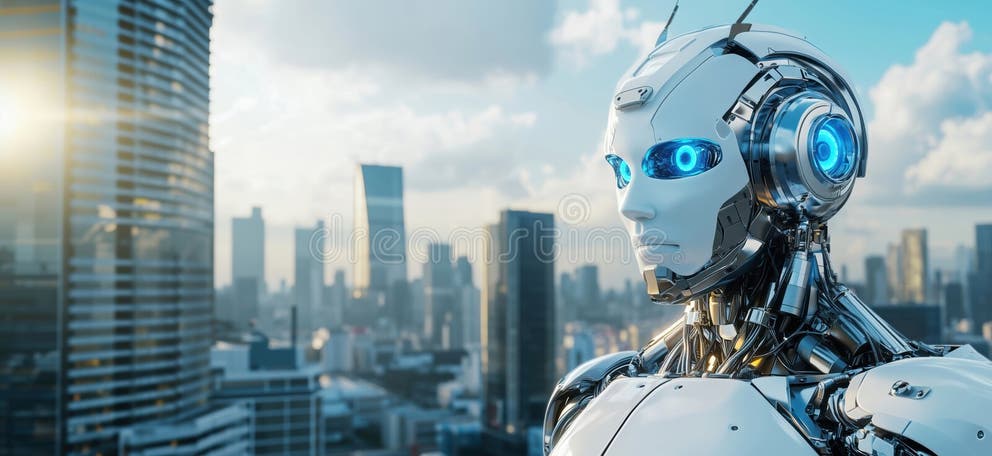 Futuristic Humanoid Robot Overlooking a Modern City Skyline with ...