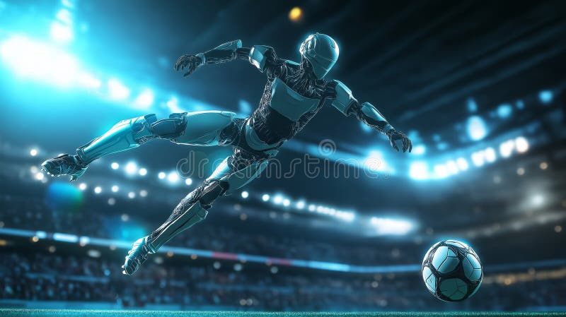 Futuristic Humanoid Robot Performing a Soccer Kick in a High-tech ...