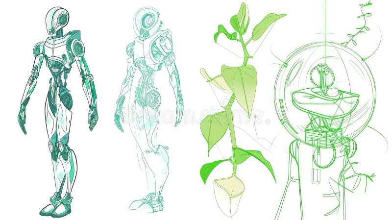 Futuristic Humanoid Robot and Plant Growth Sketches Stock Photo - Image ...