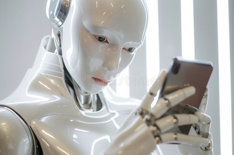 Futuristic Humanoid Robot with a Female Face Using Smartphone Holding ...