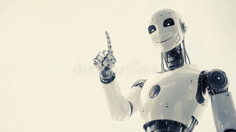 A Futuristic Humanoid Robot Pointing Upward with a Friendly Expression ...