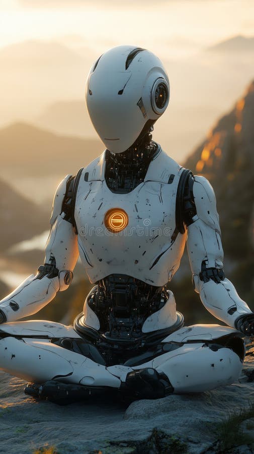 Futuristic Humanoid Robot Practicing Meditation on a Mountain at ...
