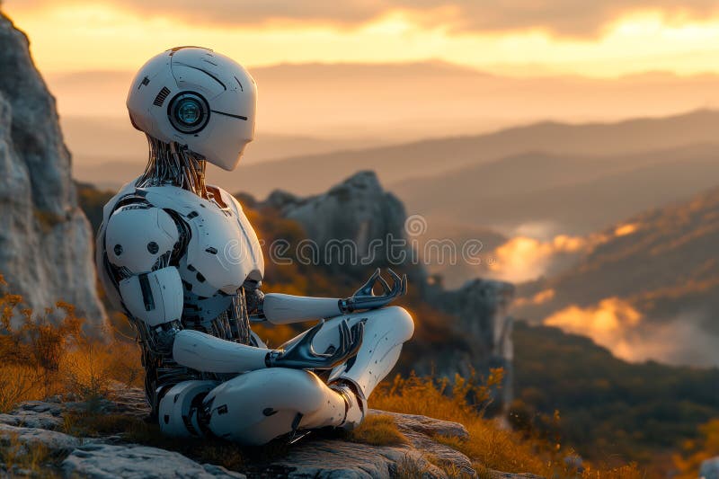 Futuristic Humanoid Robot Meditating on the Beach at Sunset, Practicing ...