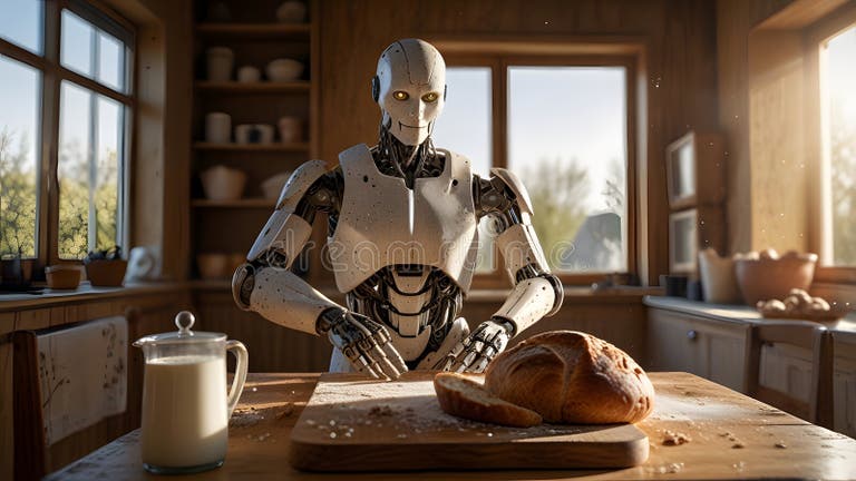 Humanoid Robot Baking Bread in Rustic Kitchen Stock Photo - Image of ...