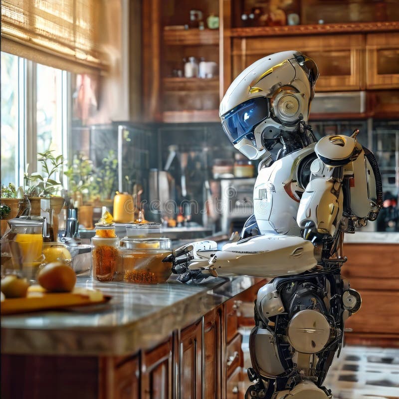 Futuristic Humanoid Robot Preparing Food in a Modern Kitchen Stock ...