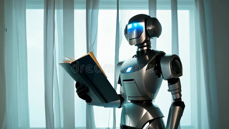 Futuristic Humanoid Robot Reading a Book. Cyborg Working Online at the ...