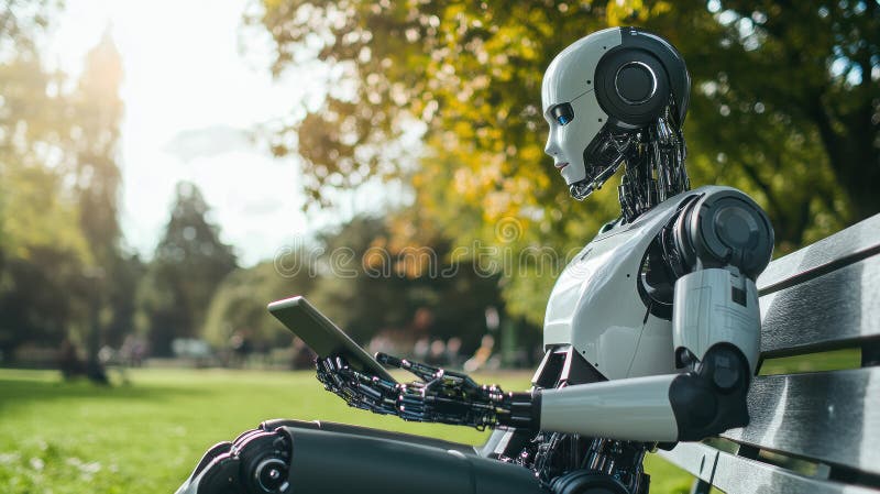 Futuristic Humanoid Robot Reading Tablet in Park Setting for Technology ...