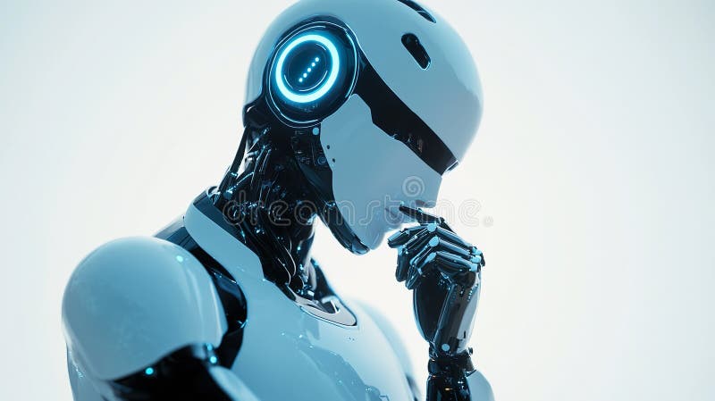 Futuristic Humanoid Robot in a Reflective Thinking Pose Stock Image ...