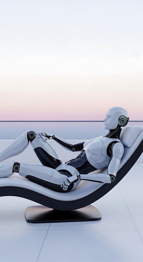 Futuristic Humanoid Robot Relaxing on a Modern Lounge Chair by the ...