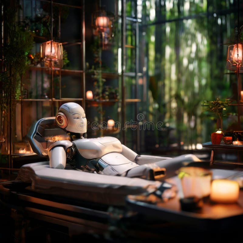 Futuristic Humanoid Robot Relaxing in a Serene Spa Environment Stock ...