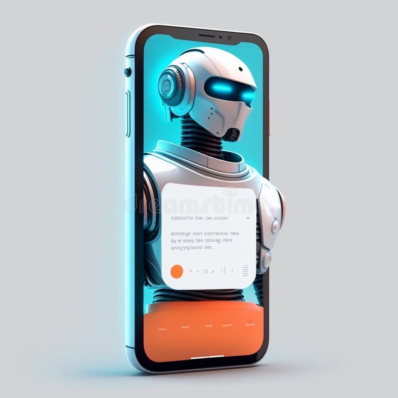 Futuristic Humanoid Robot in Screen of Smartphone. Concept of Chatbot ...