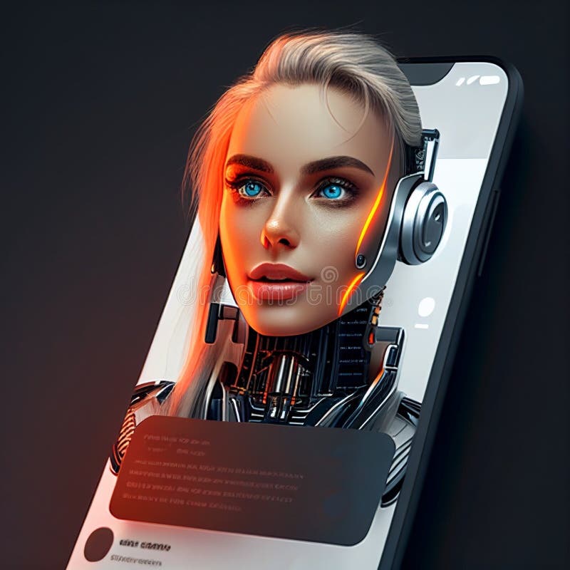 Futuristic Humanoid Robot in Screen of Smartphone. Concept of Chatbot ...