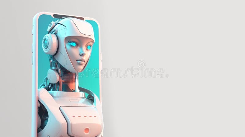Futuristic Humanoid Robot in Screen of Smartphone. Concept of Chatbot ...