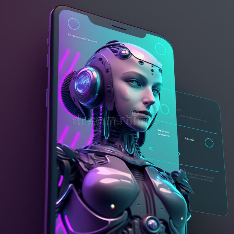 Futuristic Humanoid Robot in Screen of Smartphone. Concept of Chatbot ...