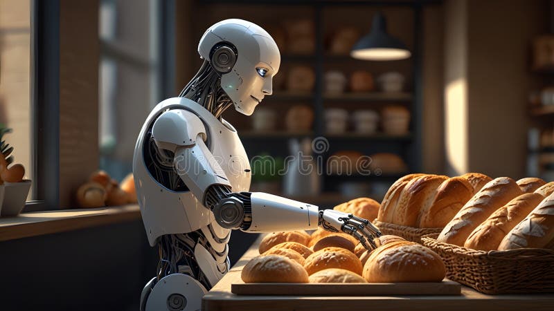 Humanoid Robot Choosing Bread in Modern Bakery Stock Photo - Image of ...