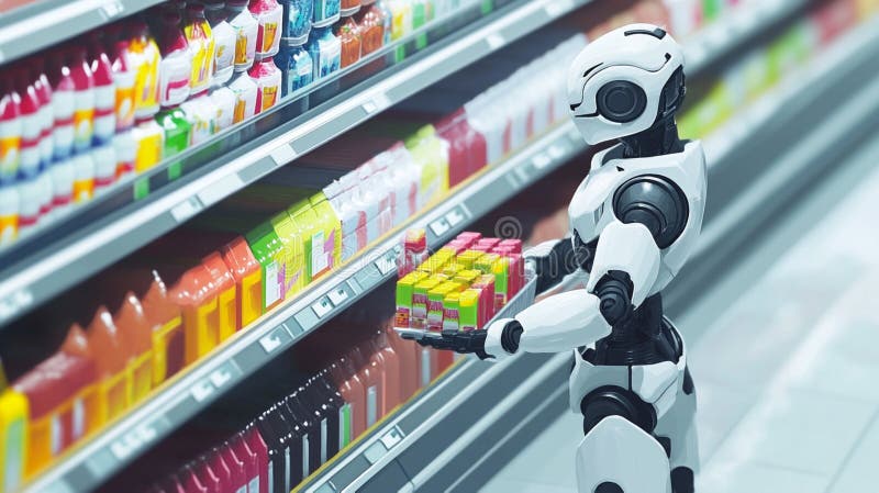 Futuristic Humanoid Robot Shopping in a Supermarket, AI Generated Stock ...