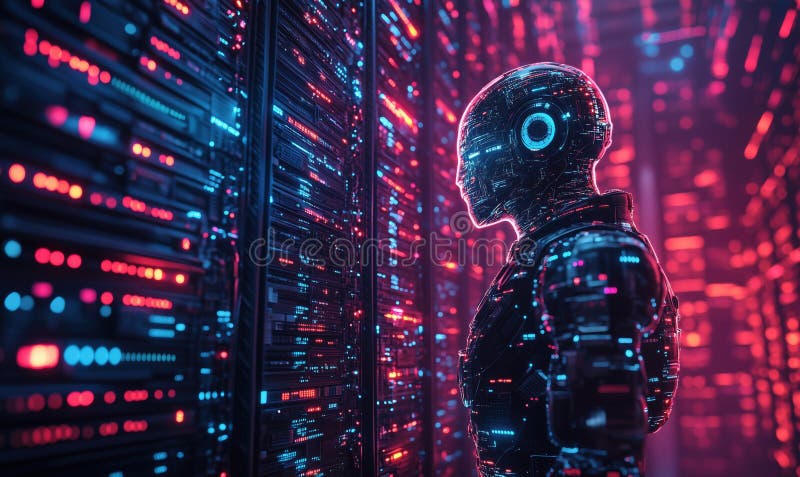 Futuristic Humanoid Robot Silhouette in Neon-lit Data Center with ...
