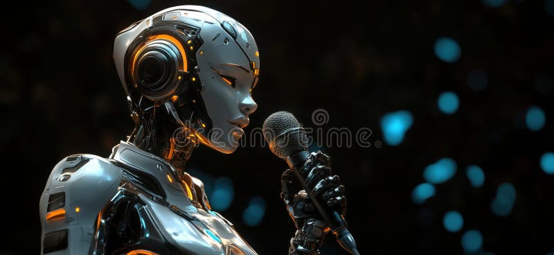Futuristic Humanoid Robot Singing into Microphone with Glowing Accents ...