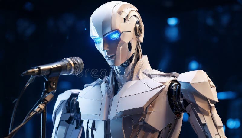 Futuristic Humanoid Robot Singing into a Microphone on Stage Stock ...