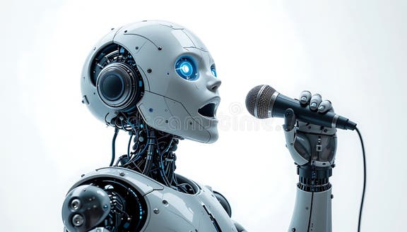 Robot Singing into Microphone with Open Mouth and Bright Blue Eyes ...