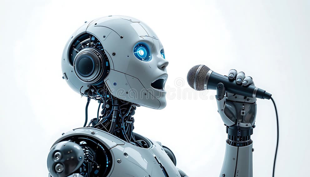 Robot Singing into Microphone with Open Mouth and Bright Blue Eyes ...