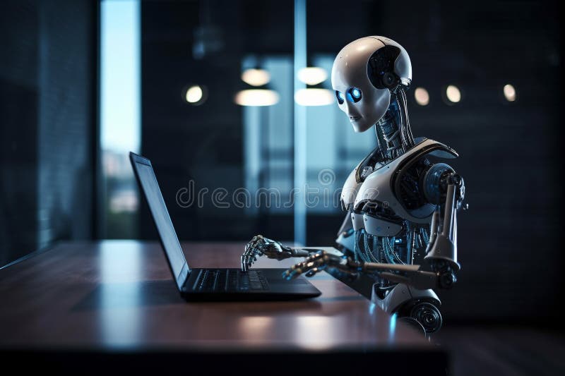 Futuristic Humanoid Robot, Sitting in Front of a Laptop and Texting ...