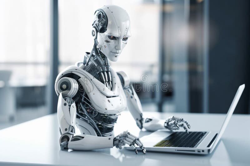 Futuristic Humanoid Robot, Sitting in Front of a Laptop and Texting ...